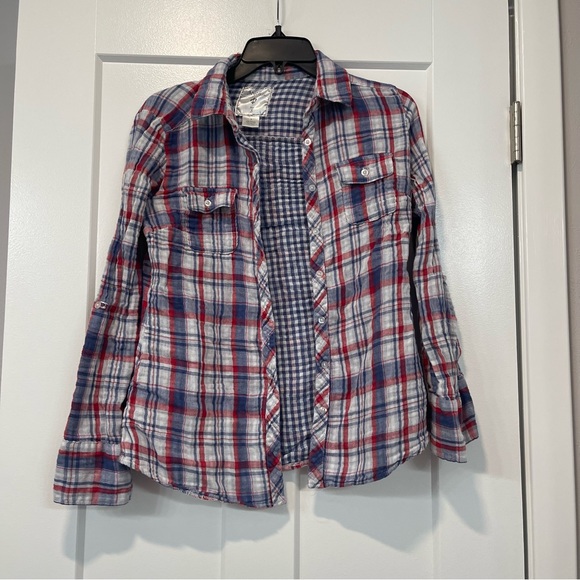 Tops | Red White And Blue Plaid Button Down Shirt | Poshmark